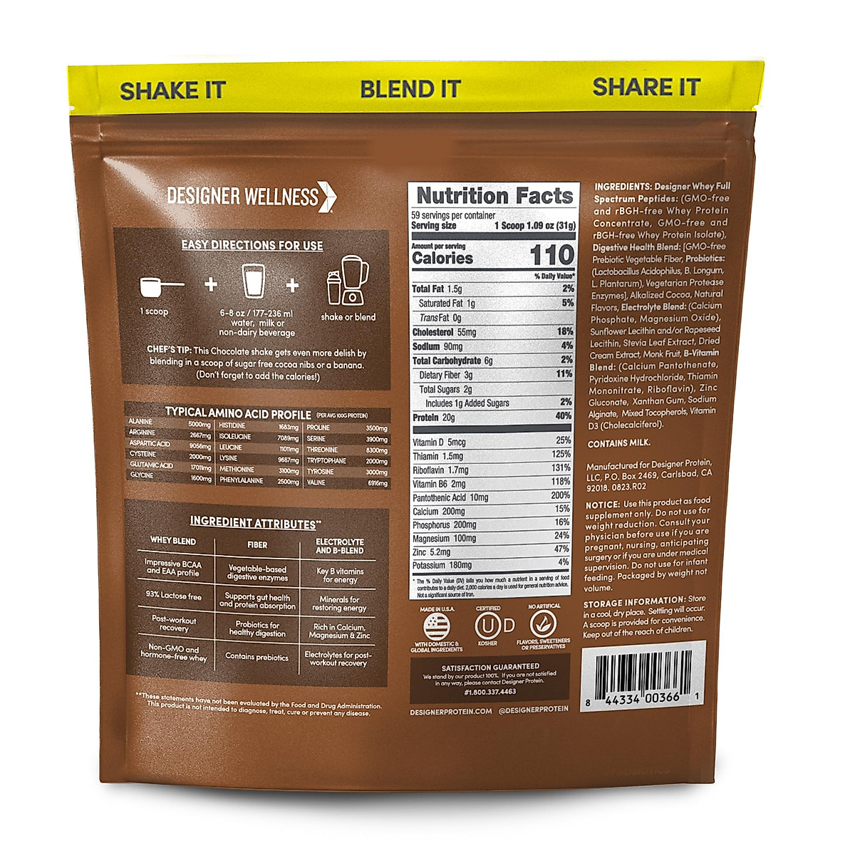 Designer Wellness, Designer Whey, Natural Whey Protein Powder with Probiotics, Fiber, and Key B-Vitamins for Energy, Gluten-Free, Gourmet Chocolate 4 lb