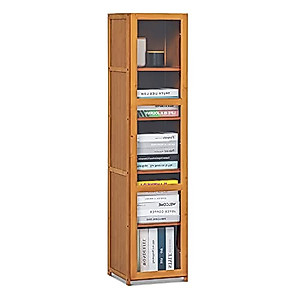 MoNiBloom Narrow Bookcase with Acrylic Doors Bamboo 5 Tier Free Standing Slim Bookshelf Display Storage Shelves Collection Décor Furniture for Home Living Room, Brown
