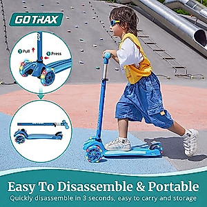 Gotrax KS1 Kids Kick Scooter, LED Lighted Wheels and 3 Adjustable Height Handlebars, Lean-to-Steer & Widen Anti-Slip Deck, 3 Wheel Scooter for Boys & Girls Ages 2-8 and up to 100 Lbs (Blue)