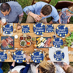 49 Pcs Navy Blue Birthday Party Tableware Set Blue Gold Birthday Party Supplies Navy Blue Plates,Napkins,Tablecloth Table Decorations for Men Women Birthday Graduation Party,Serves 16