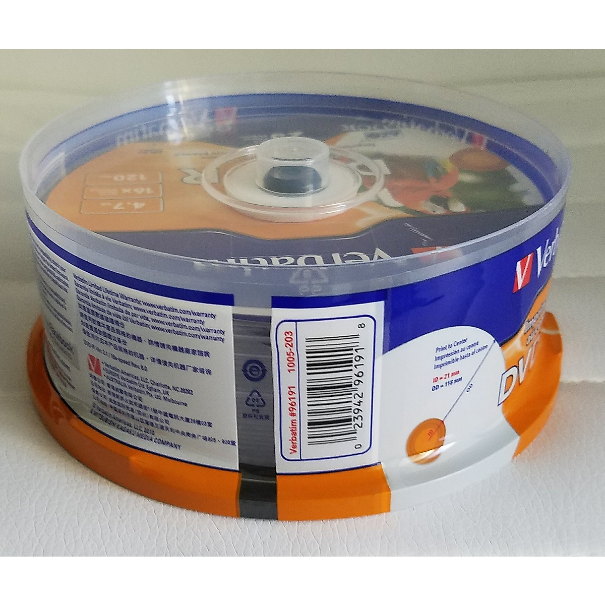 Verbatim DVD-R 4.7Gb 16X White Inkjet Hub Printable 25pk Spindle