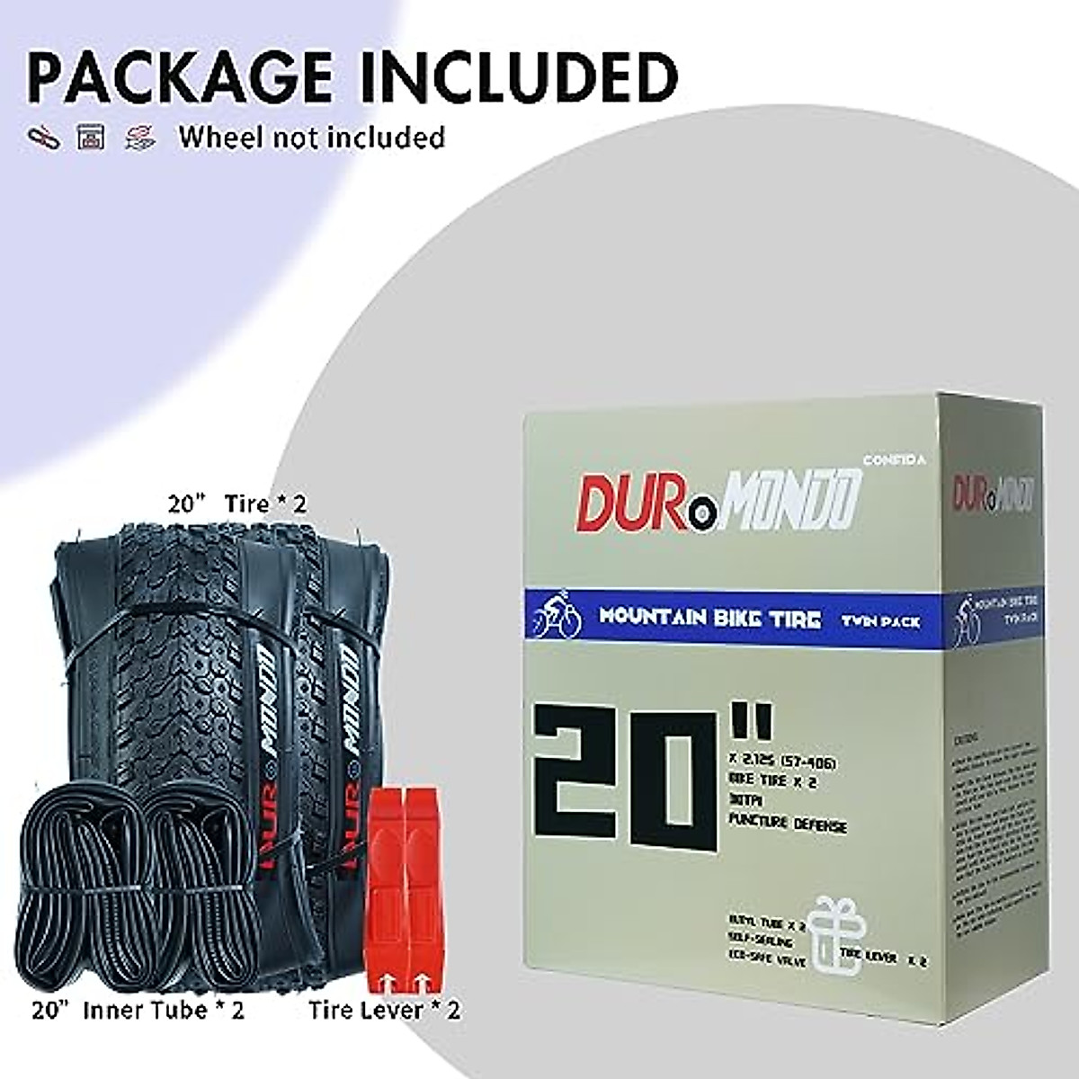 2Pack 20"x 2.125"(57-406) Mountain Bike Tires Replacement Kits Plus 2 Bike Tubes (with Puncture Sealant) and 2 Tire Levers, Bike Tire with Tread Puncture Protection for On or Off-Road Use