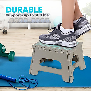 BLACK+DECKER 9'' Folding Step Stool, Foldable Collapsible Step Stools for Adults Holds Up to 330 lbs, Compact Non-Slip Surface with Carry Handle for Kitchen, Bedroom, Garden, Bathroom, Gray/Teal