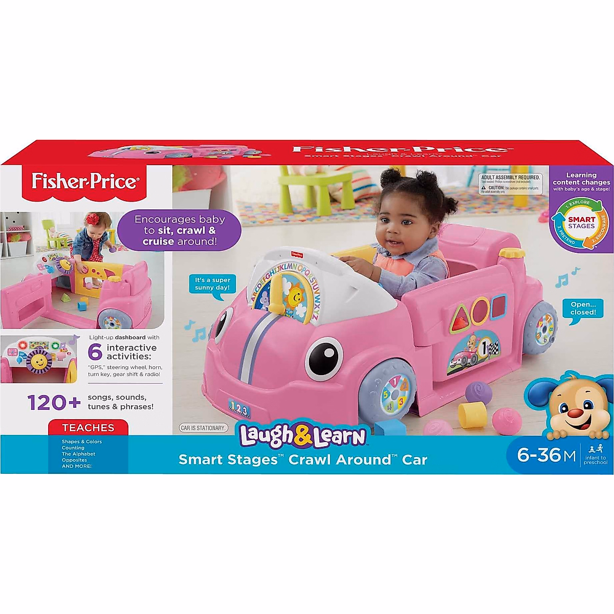Fisher-Price Baby Learning Toy Laugh & Learn Crawl Around Car Activity Center with Smart Stages for Infants Ages 6+ Months, Pink (Amazon Exclusive)