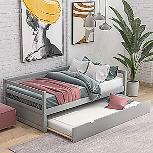 Merax Daybed with Trundle, Solid Wood Bed Frame for Teens/Adults, Easy Assembly, No Box Spring Needed, Gray