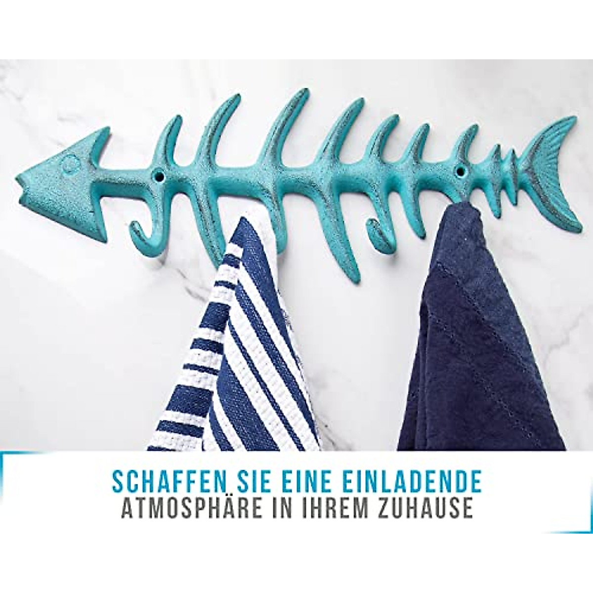 Comfify Decorative Fish Bones Wall Mounted Towel Rack Stylish Cast Iron Hanger w/ 4 “Fish” Hooks | Includes Screws and Anchors - Fish Bones Towel Hanger - Teal Blue