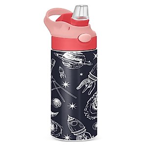 Blueangle Kids Insulated Water Bottle with Straw Lid - 12oz Double Wall Vacuum Travel Tumbler Stainless Steel Reusable Cartoon Planet Stellar Rocket Kids Cup for School Boy Girl（523）