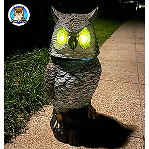 Owlery Solar Owl with Flashing Eyes, Rotating Head and Realistic Tweets, Plastic Owl Decoration for Home, Garden, Patio and Fence, 15 in x 5.5 in x 5.5 in
