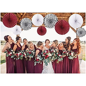9PCS Burgundy Maroon White Silver Party Streamers Pom Poms Paper Flowers Hanging Party Fans Backdrop Graduation Bridal Wedding Shower Bachelorette Anniversary Birthday Party Décor