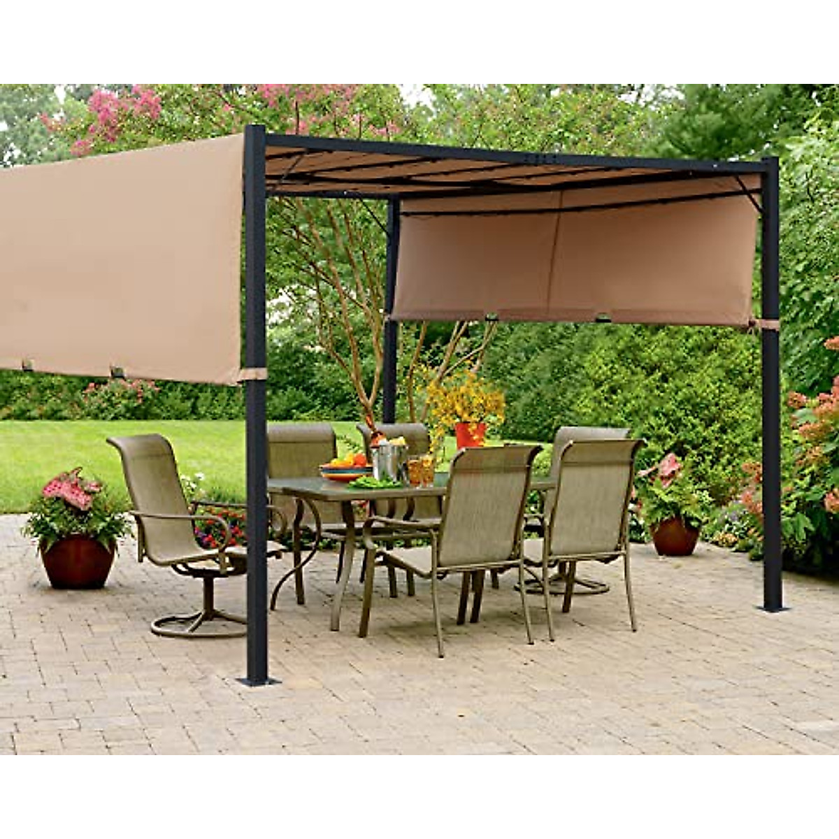 Pergolas Gazebo for Patios 10 * 10 Metal Gazebo Canopy Tent with Sliding Adjustable Canopy Weather-Resistant Fabric Quality Materials Solar Powered Led for Patio Outside Garden Backyard,Tan