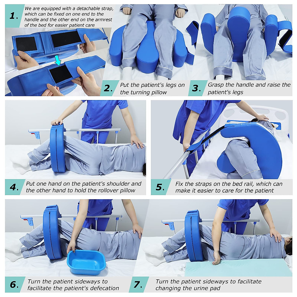 YHK Patient Turning Device, Prevent Muscle Atrophy Elderly with Removable Straps U-Shaped Multifunctional Turning Pillow, Bedridden Nursing Supplies for The Elderly（Dark Blue Straps）