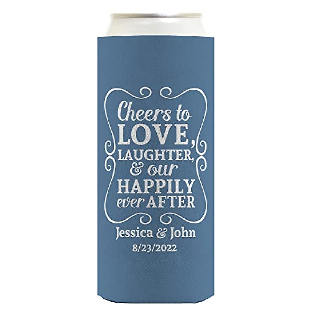 Cheers To Love Custom Names & Date 6-Pack Personalized Ultra Slim Can Coolies Slate Blue