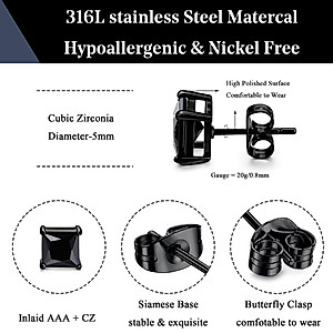 ORAZIO Black Silver Earrings for Men,Stainless Steel Cubic Zirconia Earrings 20G Mens Earrings Hypoallergenic CZ Earrings Studs Trendy Square Earring Studs Set 4-8MM,CZ 5MM