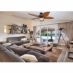 Honeywell Ceiling Fans Royal Palm, 52 Inch Tropical LED Ceiling Fan with Light, Pull Chain, Three Mounting Options, Hand Carved Solid Wood Blades - 50204-01 (Bronze)