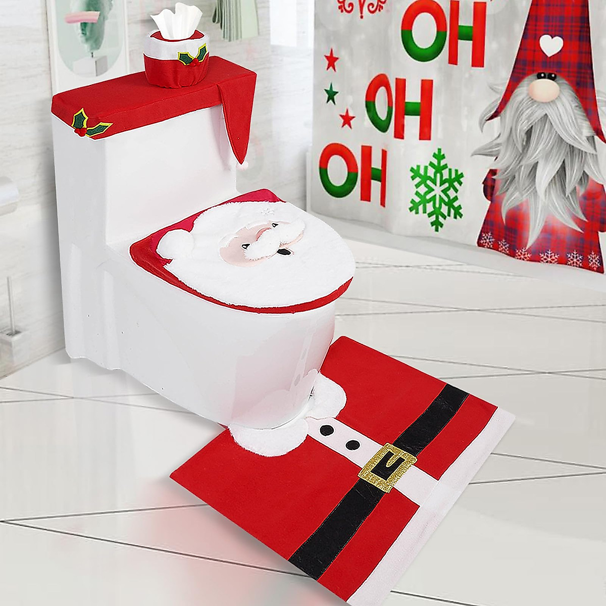 SARDFXUL 4Pcs Christmas Theme Bathroom Decoration Set W/Toilet Seat Cover Rugs Tank Cover Toilet Paper Box Cover for Christmas Bathroom Decoration Set