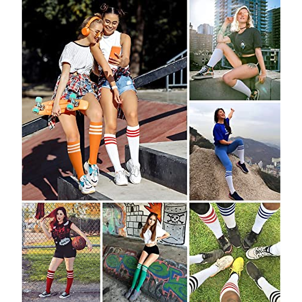 Joulli Women's Knee High Athletic Socks Stripe Tube Outdoor Sport Socks 3 Pairs, Orange