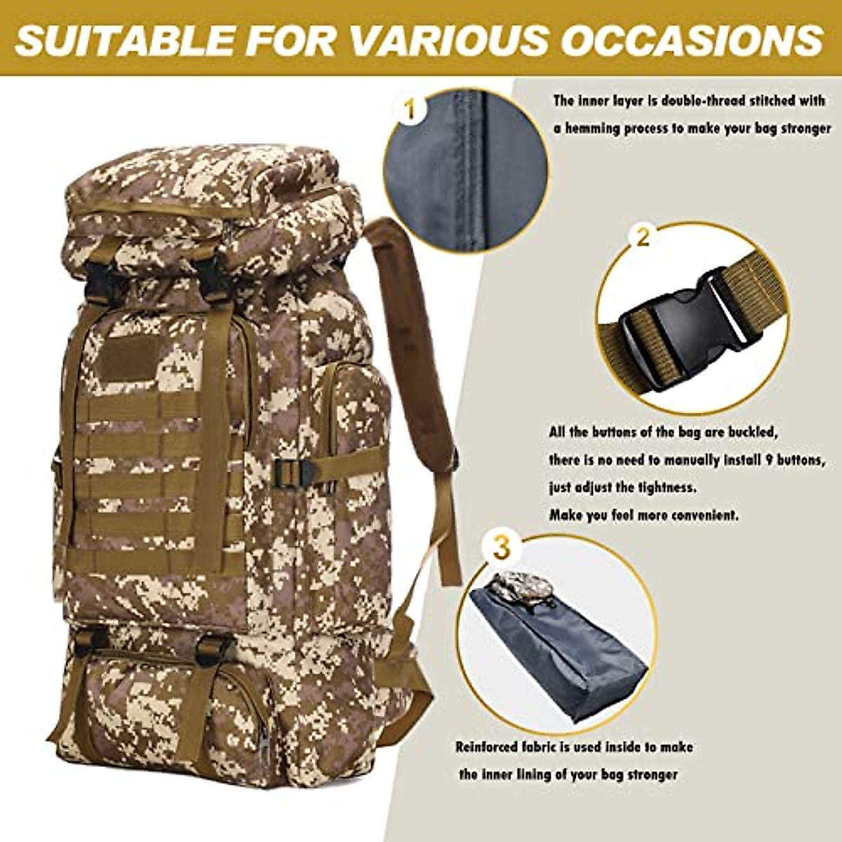 75 liters camping trekking military tactical backpack travel backpack hunting backpack (classic desert)