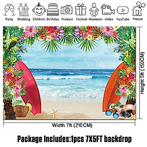 HQM 7x5FT Fabric Summer Tropical Beach Photo Background Beach Conch Hawaii Blue Sea Flower Children Birthday Luau Party Photography Backdrop Kids Baby Shower Cake Table Decor Supplies