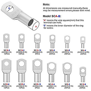 170 Pieces Copper Battery Cable Ends 12 Sizes Battery Wire Lugs Eyelets Tubular Ring Terminal Connectors SC Terminals for Automotive Supplies AWG4, AWG6, AWG8, AWG10, AWG12 (Silver)