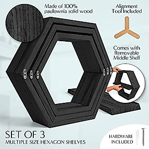 IBUSA - Wooden Hexagon Shelves, Set of 3 Beautiful Boho Rustic Floating Honeycomb Shelves for Bedroom, Bathroom, Living Room & Office, Decorative Hanging Display for Photos Frames, Plants