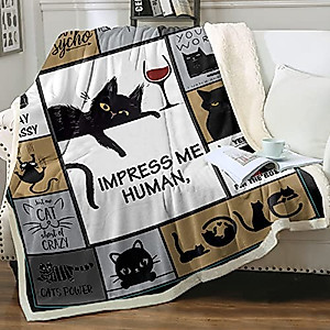 Sleepwish Funny Black Cat Blanket Gifts for Cat Wine Lovers Girl, Black Cat Red Wine Throw Plush Blankets for Adults Women Lightweight Fleece Christmas Blankets for Chair Couch Bed (Twin 60"x80")