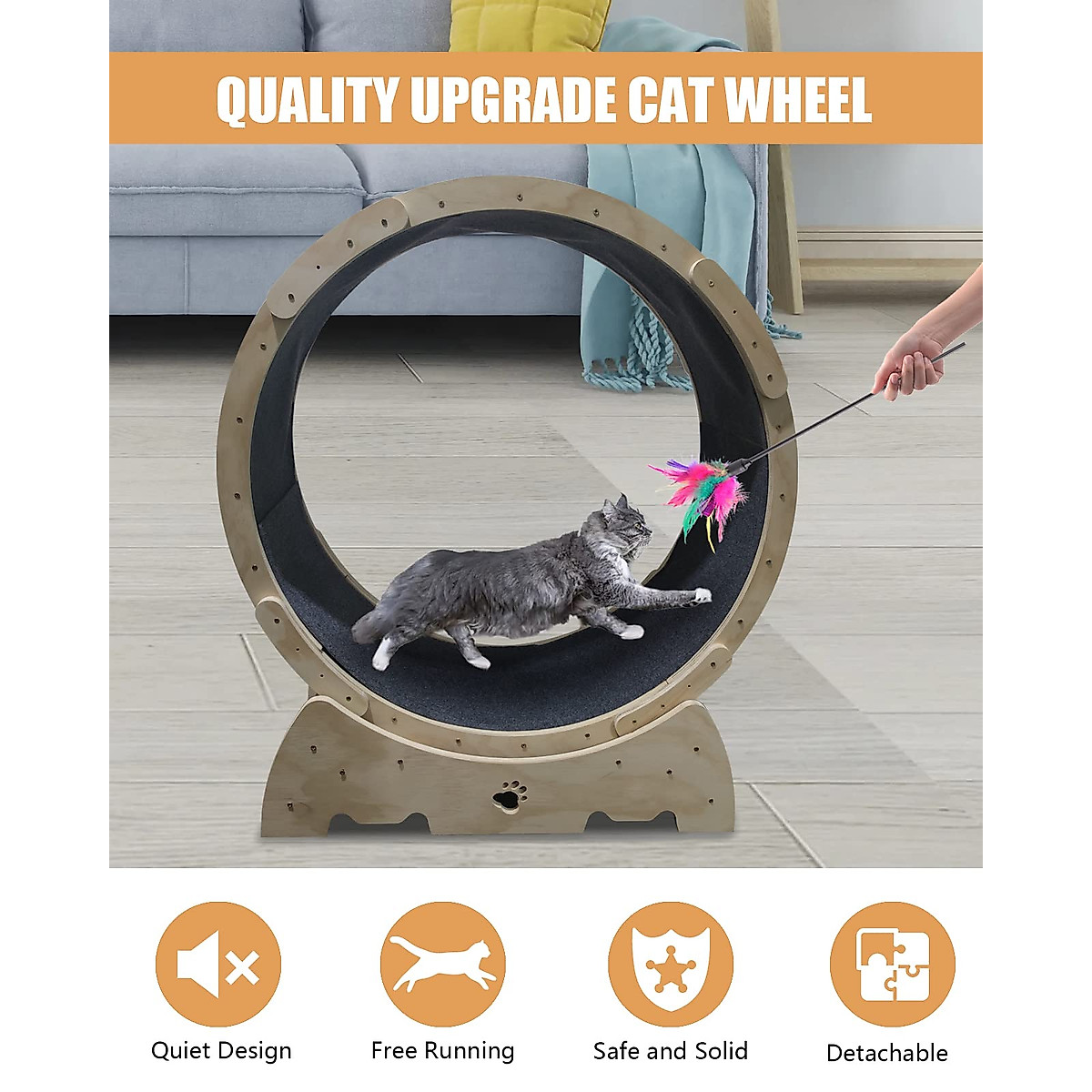 Cat Wheel Cat Exercise Wheel Indoor, Cat Treadmill Wheel, Cat Running Wheel Cat Toy Cats Loss Weight Device Natural Wood Grain
