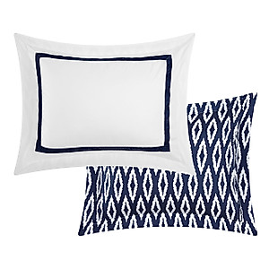 Chic Home 4 Piece Kendall Contemporary Greek Key Embroidered Reversible Queen Duvet Cover Set Navy Shams and Decorative Pillows Included