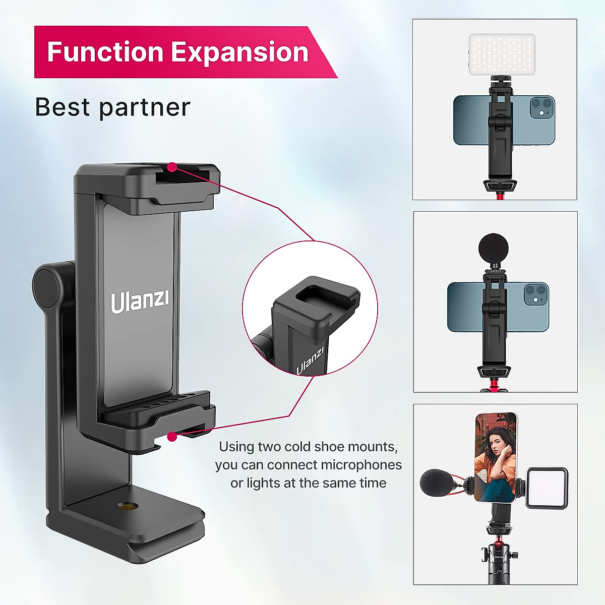 ULANZI ST-22 Phone Tripod Adapter Mount, Adjustable Cell Phone Holder with 2 Cold Shoe, Universal Smartphone Clamp, Vertical Horizontal Bracket for iPhone, Samsung Galaxy and All Phones