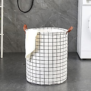 [2 Pack] Collapsible Laundry Basket, Large Round Waterproof Laundry Hamper, Foldable Storage Organizer with Leather Handles for Dirty Clothes (White Plaid)