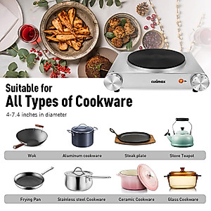 Cusimax Hot Plate Electric Burner Single Burner Cast Iron hot plates for cooking Portable Burner 1500W with Adjustable Temperature Control Stainless Steel Non-Slip Rubber Feet, Upgraded Version