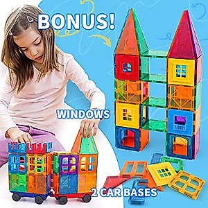 Gentle Monster Magnetic Tiles Building Blocks, 104PCS Magnet Blocks 3D Construction Toys for Kids Toddlers, Educational STEM Toys for Boys and Girls with 2 Cars