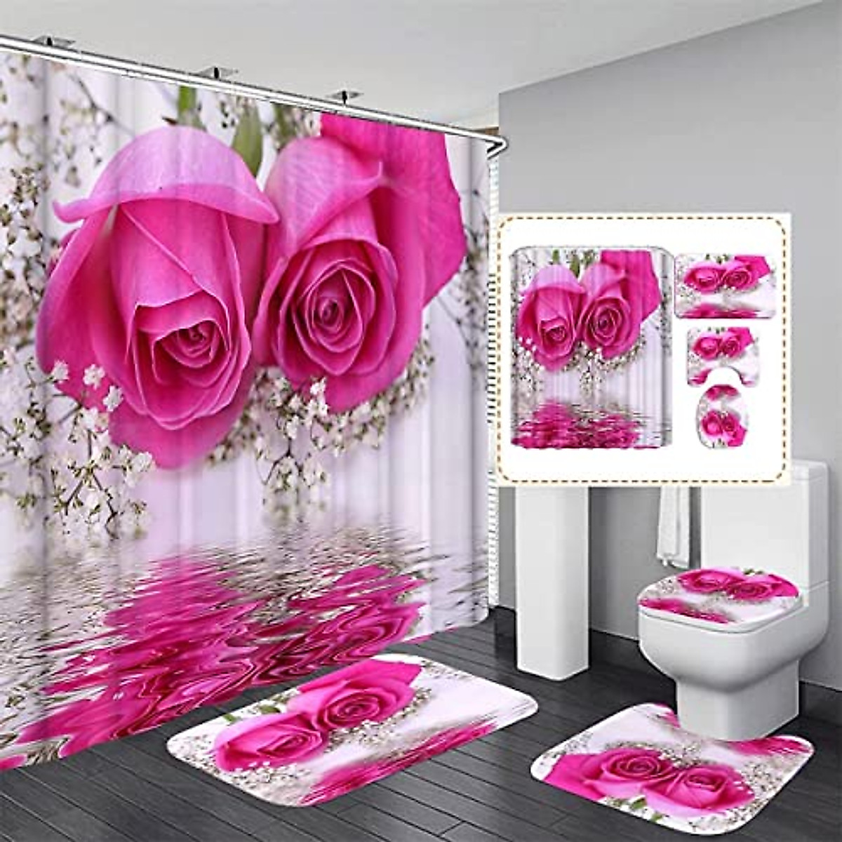 Flower Bathroom Shower Curtain Sets, Pink Water Roses Bathroom Sets with Shower Curtain and Rugs, Toilet Lid Cover and Bath Mat, Artistic Shower Curtains with Hooks