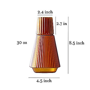 Sizikato 30 Oz Classic Striped Glass Bedside Night Water Carafe with Tumbler Glass.