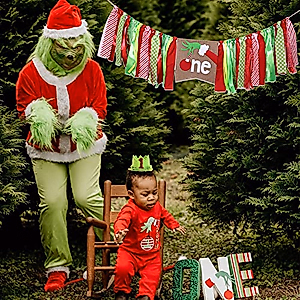 Christmas High Chair Banner, Christmas 1st Birthday Sign Banner, Candy Cane Red & Bright Green Highchair Garland,Christmas Crown Hat for Kids Christmas First Birthday, Photo Booth Props And Cake Smash