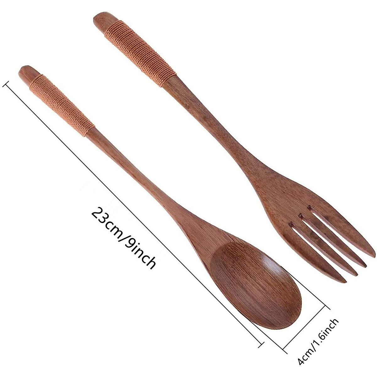 XMHF Wooden Spoons Forks Set Kitchen Tableware Dinnerware Flatware Natural Wood Cutlery Wooden Dinner Utensil Set, 2 Spoons and 2 Forks Brown Tied Line