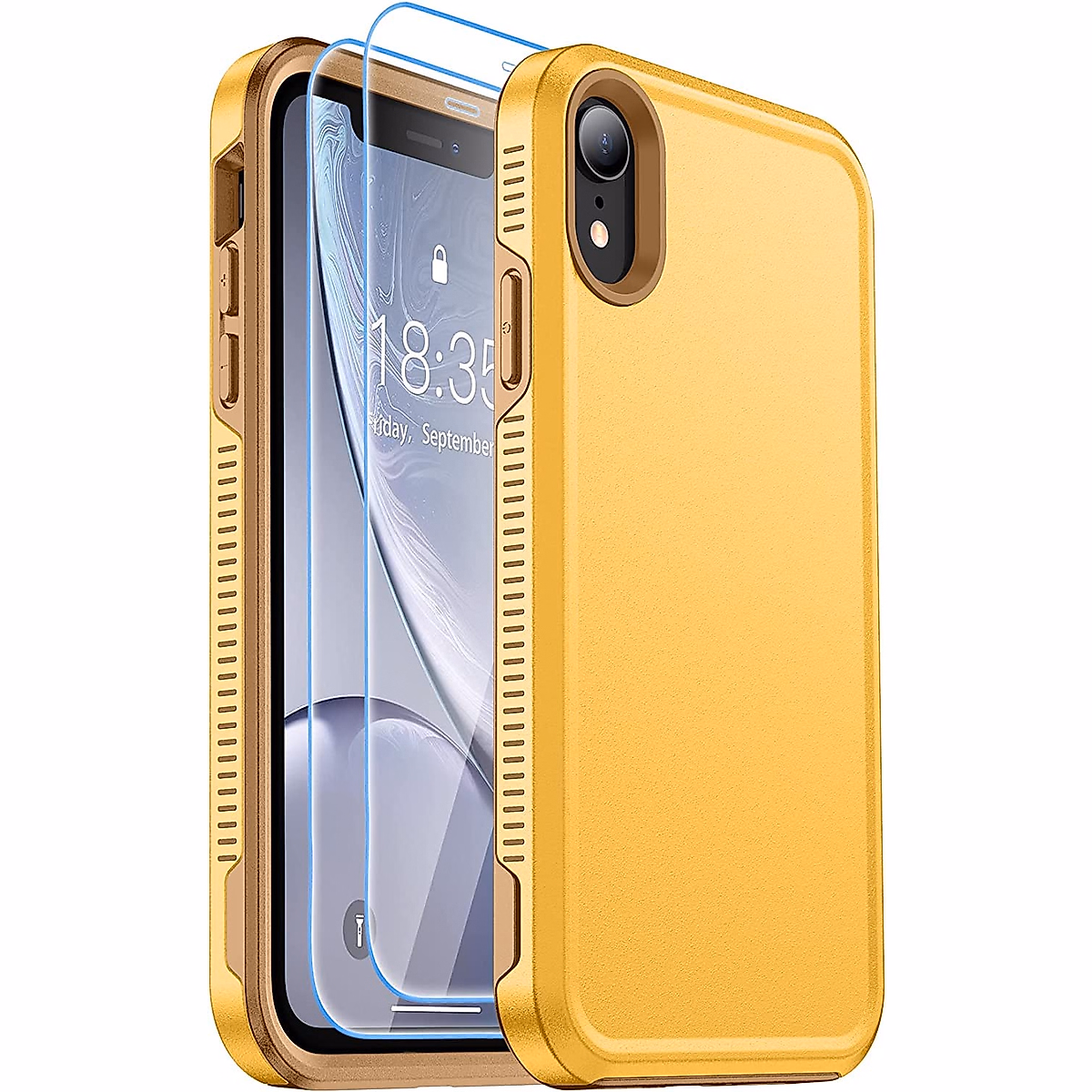 Lanteso for iPhone XR Case，[12FT Military Drop Protection] [with 2 pcs Tempered Glass Screen Protector] [Shockproof] Heavy Duty Protection Phone Case for iPhone XR 6.1 inch Yellow