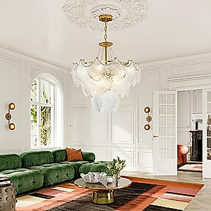FINE MAKER Modern Glass Chandelier, 24'' Golden Vintage Chandelier for Dining Room, 3 Tiers Hanging Pendant Ceiling Light Fixture with Glass Shell Pearl Shades for Living Room, Bedroom, Kitchen