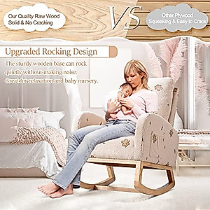 Cute Comfy Rocking Chair for Baby Nursery, Upholstered Rocker Chair with High Backrest and Side Pocket, Modern Armchair for Living Room, Glider Rocker with Solid Wood, Quiet Rocking Design, Beige