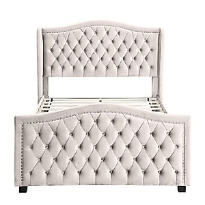 Leadtimes Beige Velvet Bed Frame Queen Size Upholstered Platform with Tufted Button Wingback Headboard Durable and Luxurious