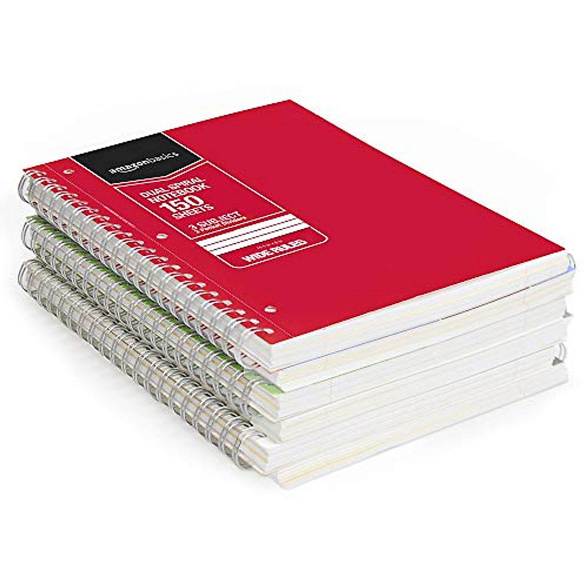 Amazon Basics Wide Ruled Wirebound 3-Subject 150-Sheet Notebook with Pocket Divider - Pack of 6, 10.5 x 8 Inch, Multi-Color