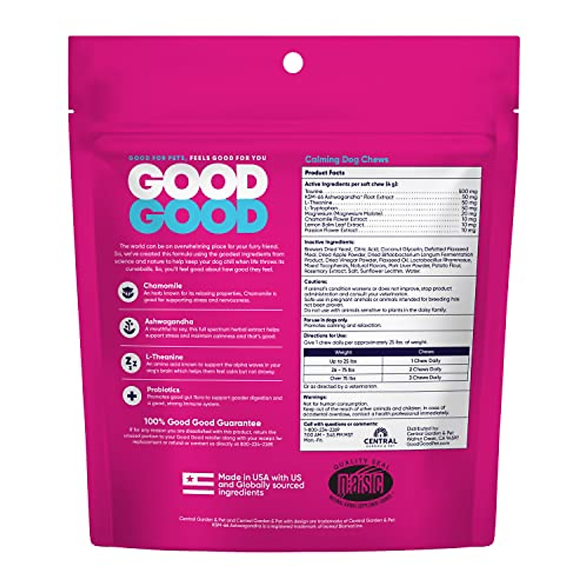GoodGood Calming Dog Supplements; Helps Manage Stress and Nervousness; Chewable Soft Treats with Ashwagandha, Chamomile, L-Theanine; Probiotics; 90 Natural Flavor Chews