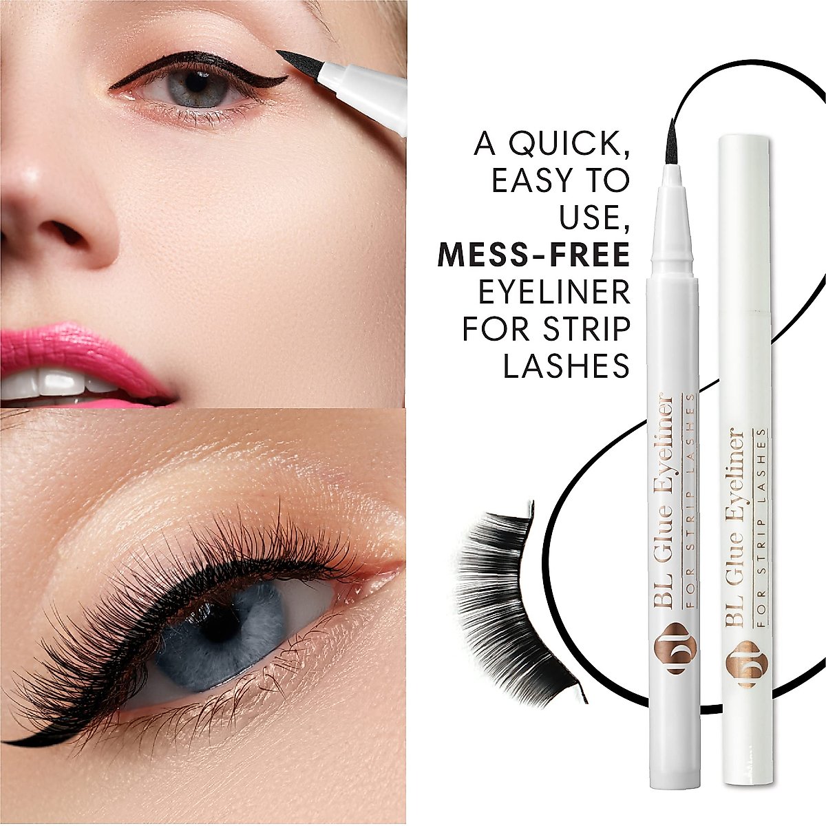 BL Lashes Glue Eyeliner for False Lashes | 2-in-1 Felt-Tip Eyelash Adhesive and Eyeliner, Easy to use, Extra Strong Hold for Strip Lashes 0.7ml/0.02fl Oz