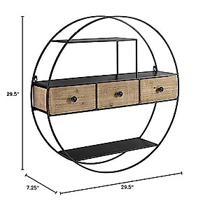 Linon Nerah Round Metal and Wood Wall Shelf in Black and Brown