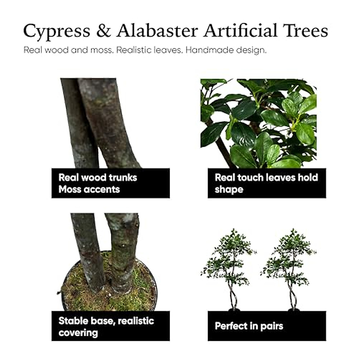 Hand-Made 5' Black Olive Leaf Artificial Tree with Ethically Sourced Real Wood Trunks | Green | Cypress & Alabaster