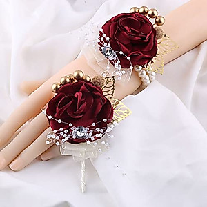 WANLIAN Rose Wrist Corsage Wristlet Band Bracelet Boutonniere,Wrist Corsage Hand Flowers Decor for Wedding Bridal Prom Party Accessories (red 2)