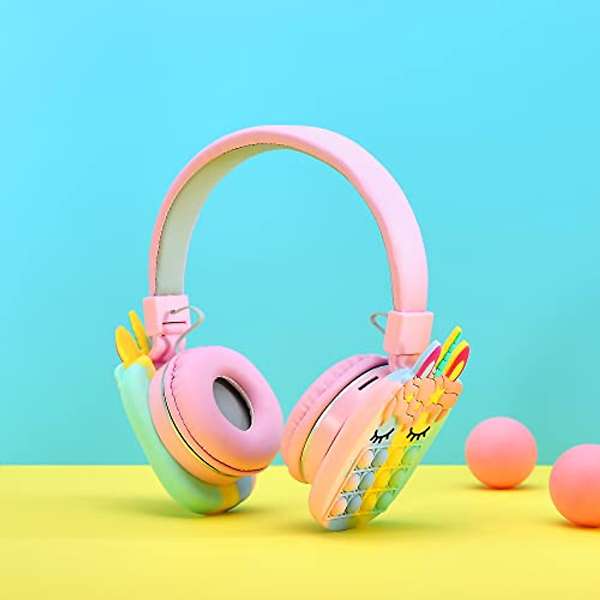 Wireless Bluetooth Noise Cancelling Over-Ear Headphone Silicone Fidget Pop Built-in Mic On-Ear Stereo Headset for Smartphone Tablet Computer (Pink Unicorn)