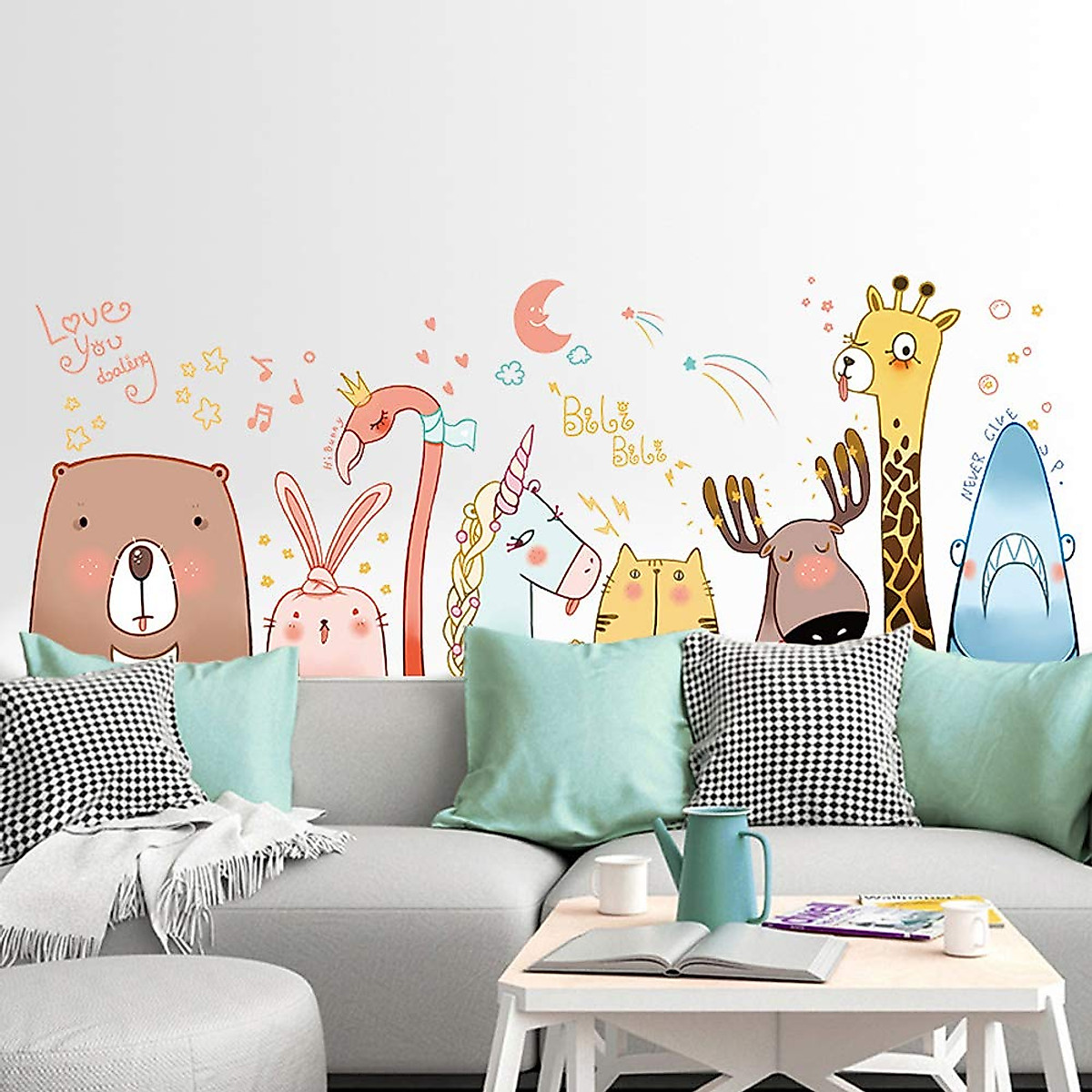 Wallpark Cute Animal Wall Sticker Happy Unicorn Flamingo Shark Removable Wall Decal, Children Kids Baby Home Room Nursery DIY Decorative Adhesive Art Wall Mural