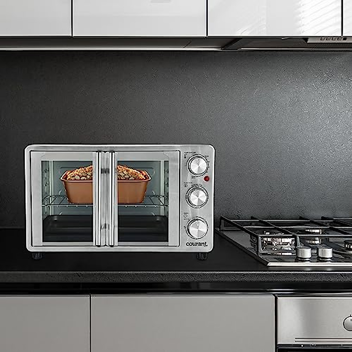 Courant French Door Convection Toaster Oven & Broiler, Bake Broil Toast Oven, Fits 9x13’’ Baking Pan, 6-Slices, 10’’ Pizza, Convection Oven - Stainless Steel
