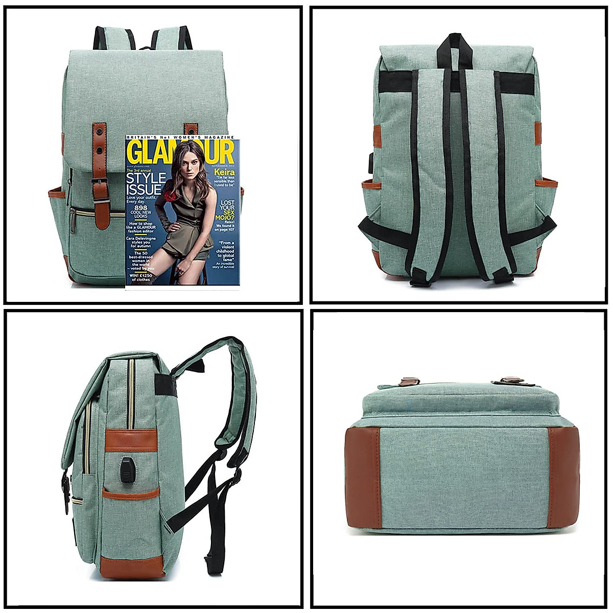 UGRACE Vintage Laptop Backpack with USB Charging Port, Elegant Water Resistant Travelling Backpack Casual Daypacks School Shoulder Bag for Men Women, Fits up to 15.6Inch Laptop in Green