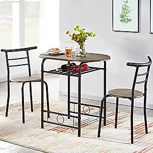 Yaheetech 3 Piece Dining Table Set, Kitchen Table & Chair Sets for 2, Compact Bistro Table Set with Steel Legs, Built-in Wine Rack for Small Space, Apartment, Breakfast Nook, Drift Brown